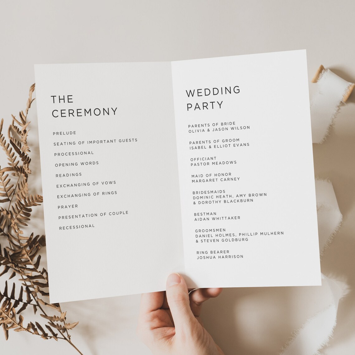 Sophisticated Wedding Program Template, Minimalist Order of Service ...