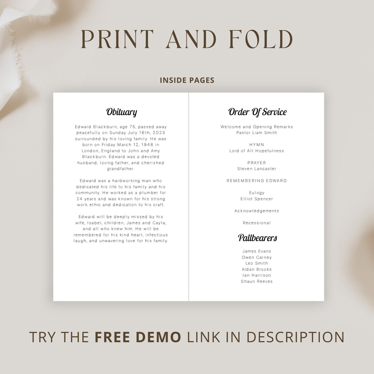 Basic Funeral Program Template Simple Memorial Service Minimalist ...