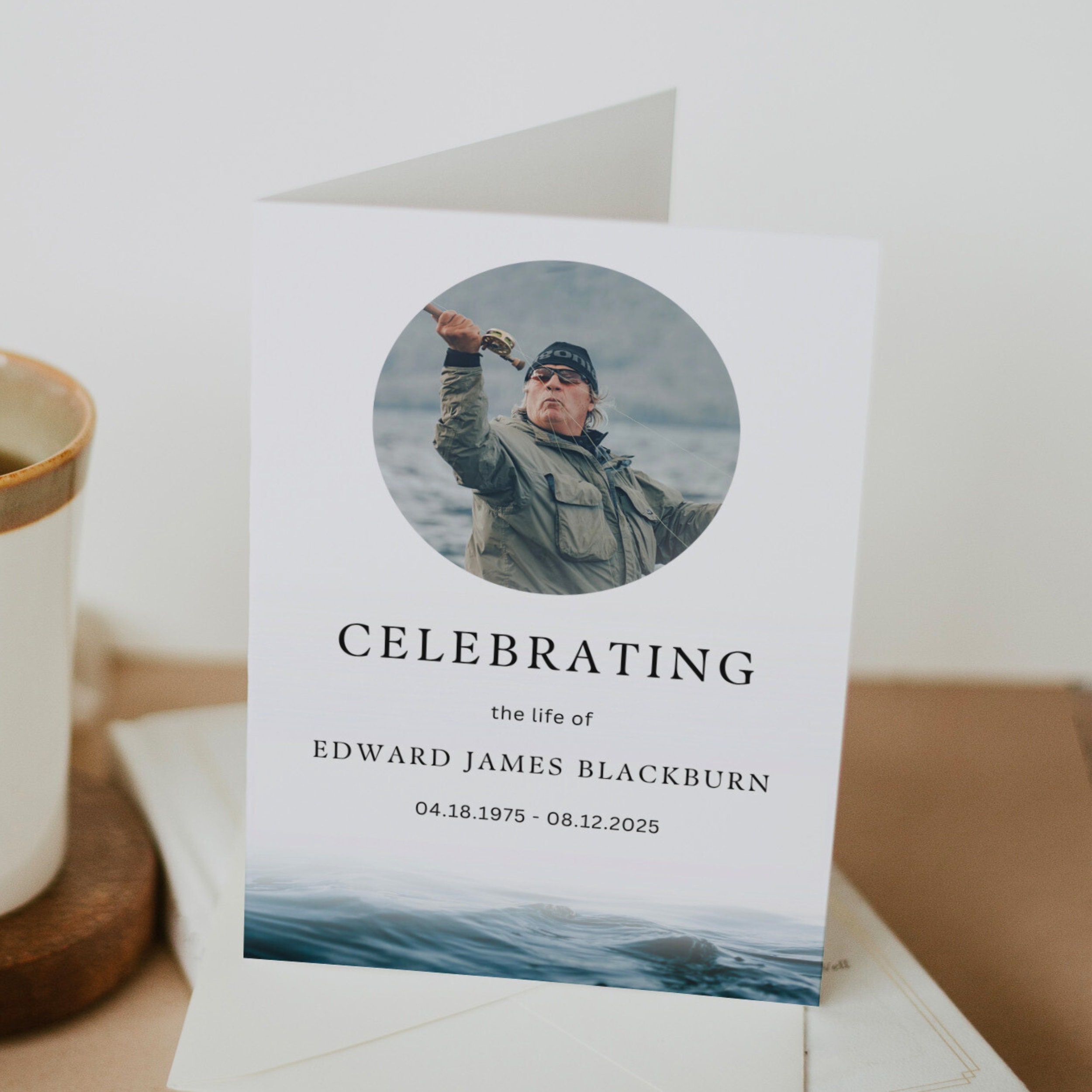 Fishing Funeral Program Template for Man, Blue Obituary Template ...