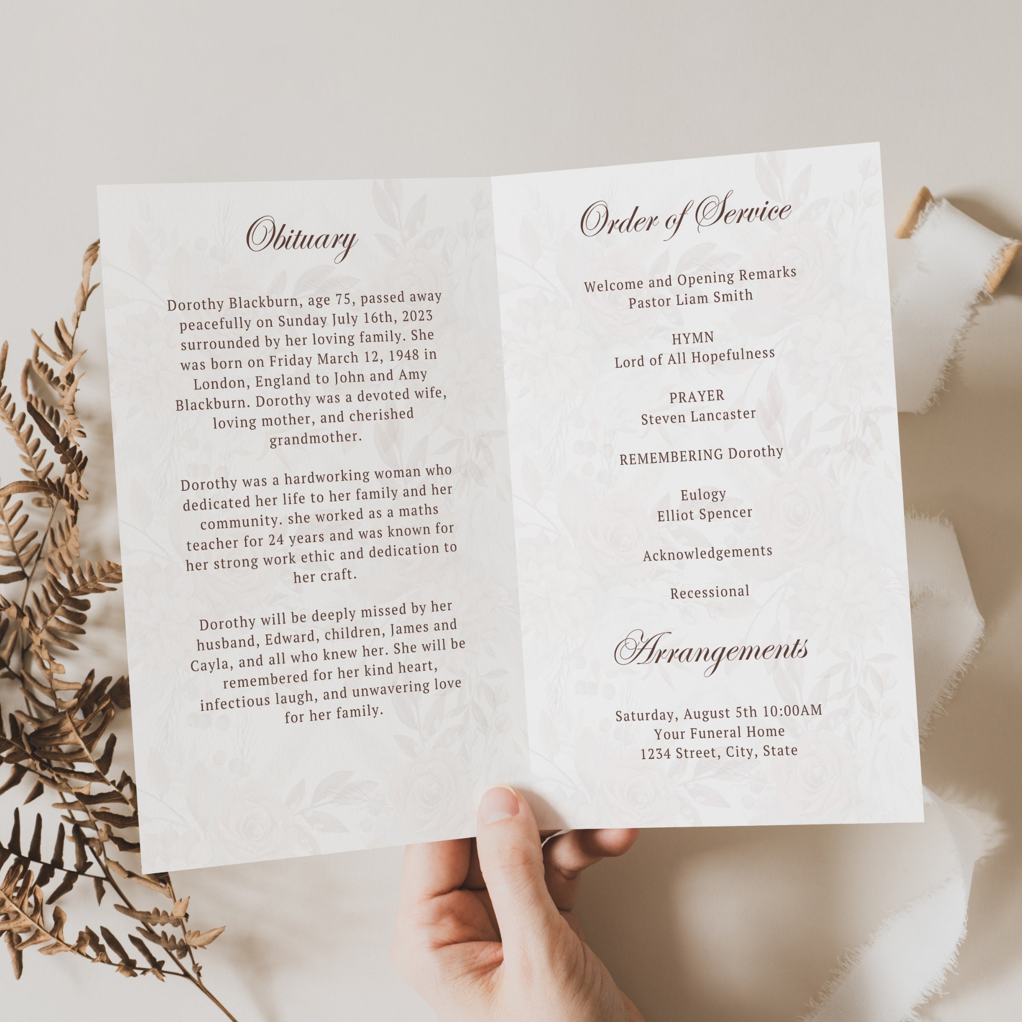 Women Funeral Program Template, Celebration of Life, Greenery Template ...