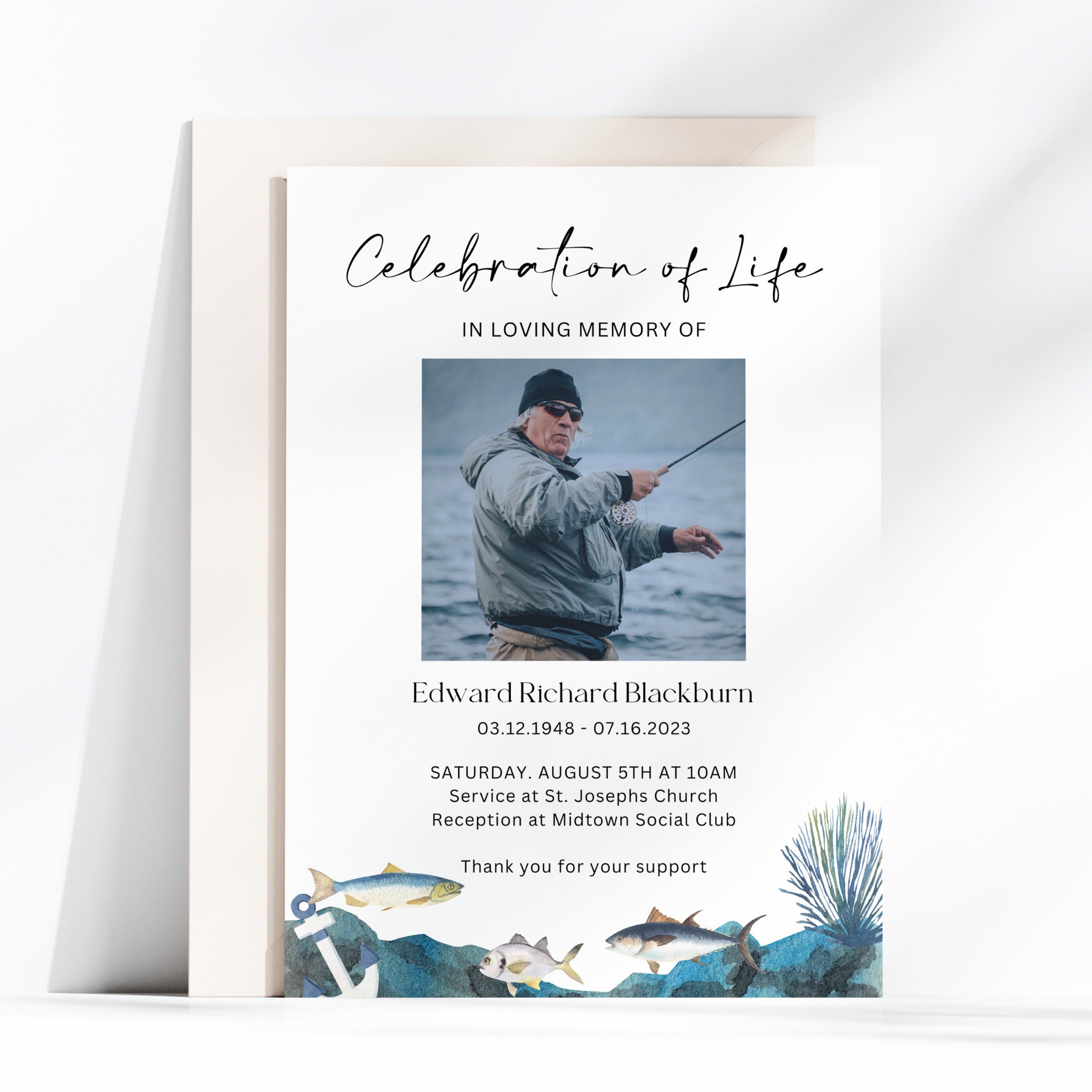 Fishing Funeral Announcement for Man, Outdoors Memorial Invitation ...