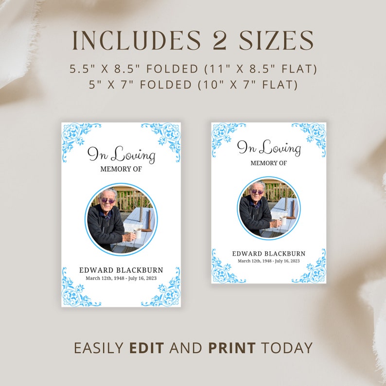 Sky Blue Funeral Program Template, Editable Obituary, Order of Service ...