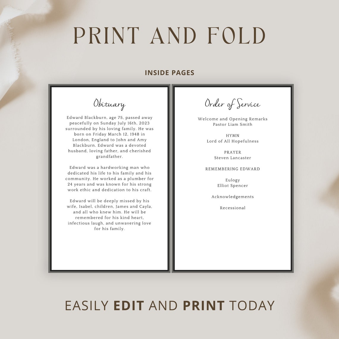 Masculine Funeral Program Template for Man, Bifold Funeral Program ...