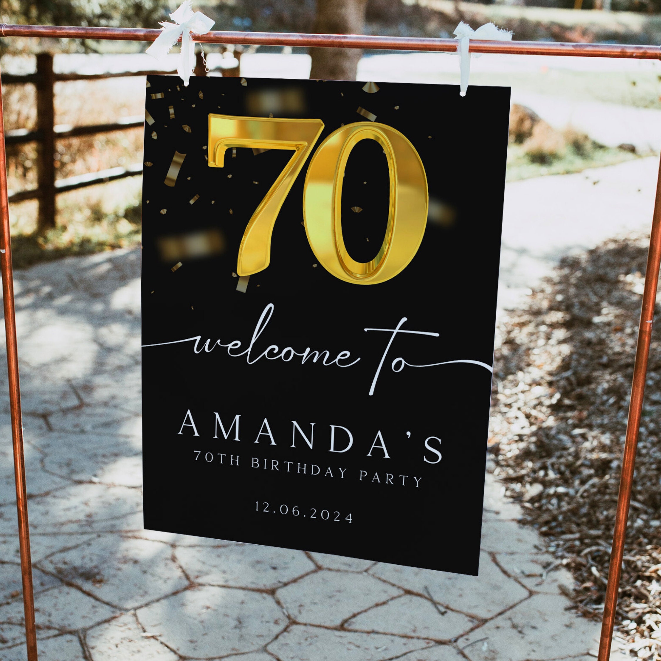 Gold 70th Birthday Welcome Sign, Modern Poster, Black and Gold Birthday ...