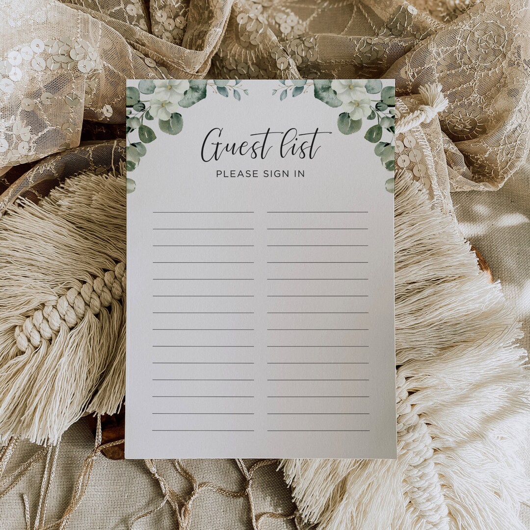 Wedding Guest List, Printable Sign in Sheet, Greenery Sign, Guest Book ...