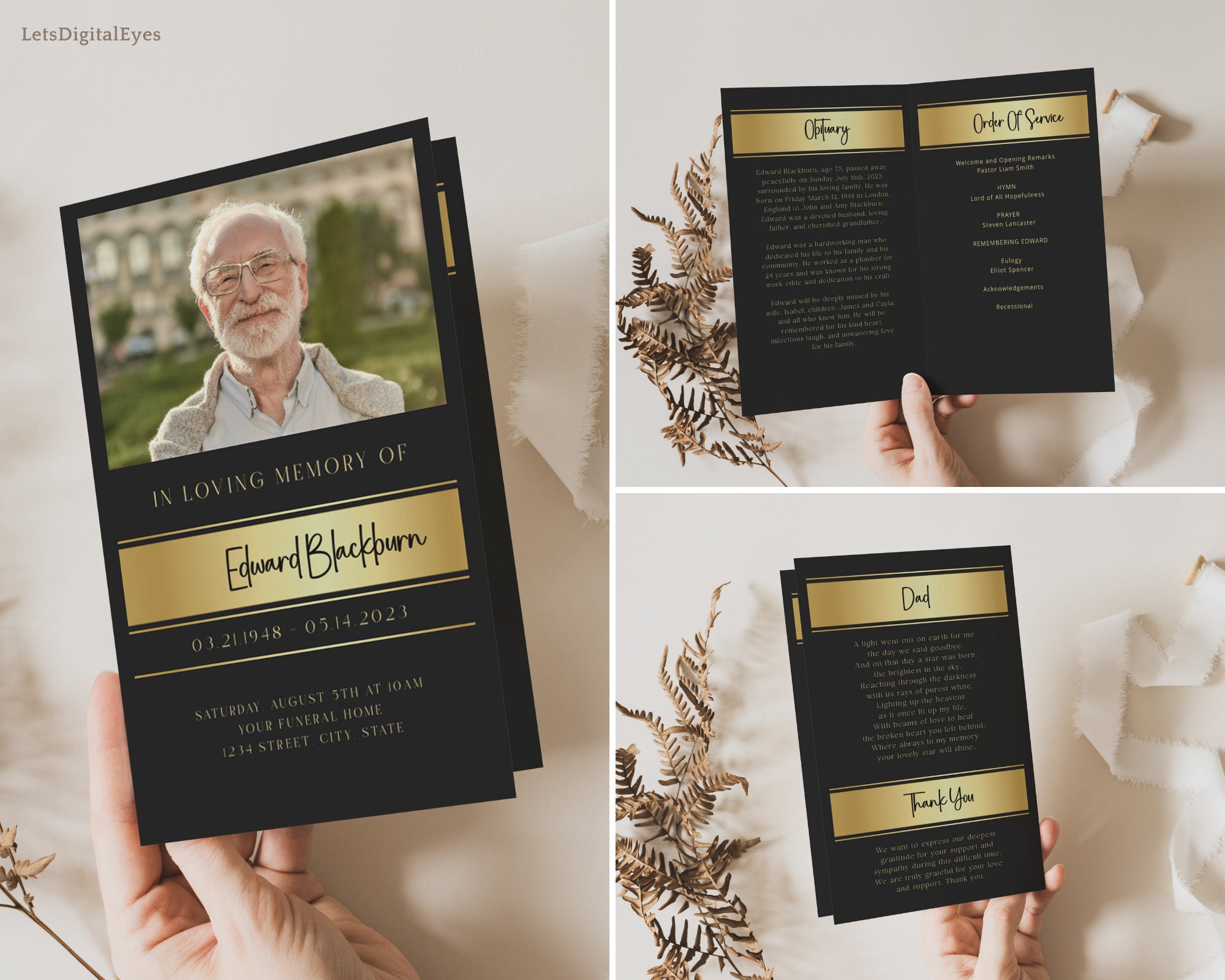 Luxury Funeral Program Template for Man Black Gold Obituary - Etsy