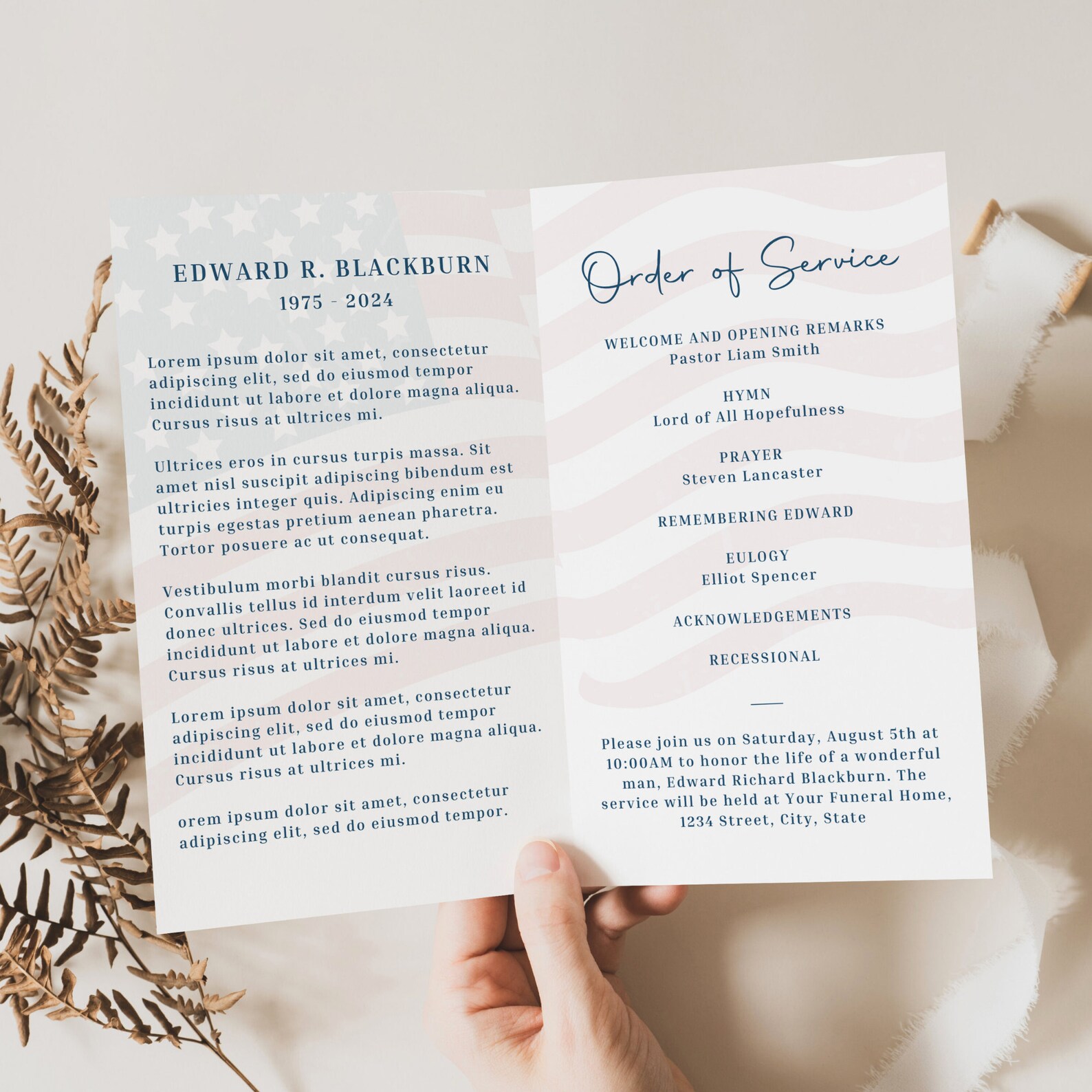 American Flag Funeral Program Template, Military Memorial Service ...