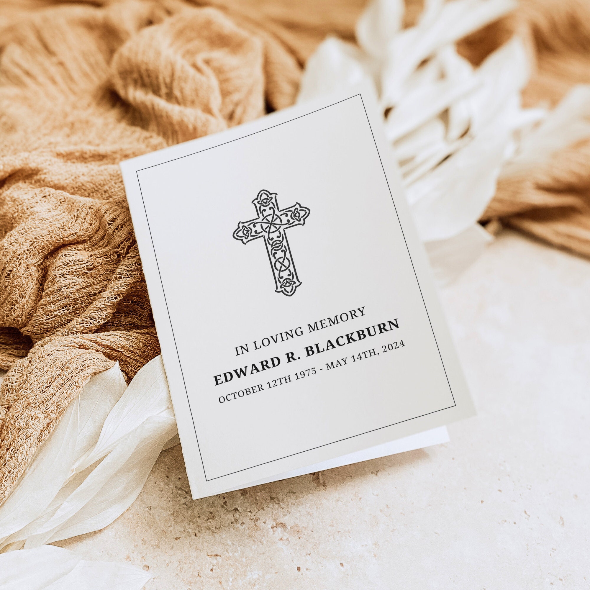 Catholic Cross Funeral Program, Minimal Obituary Template, Editable ...