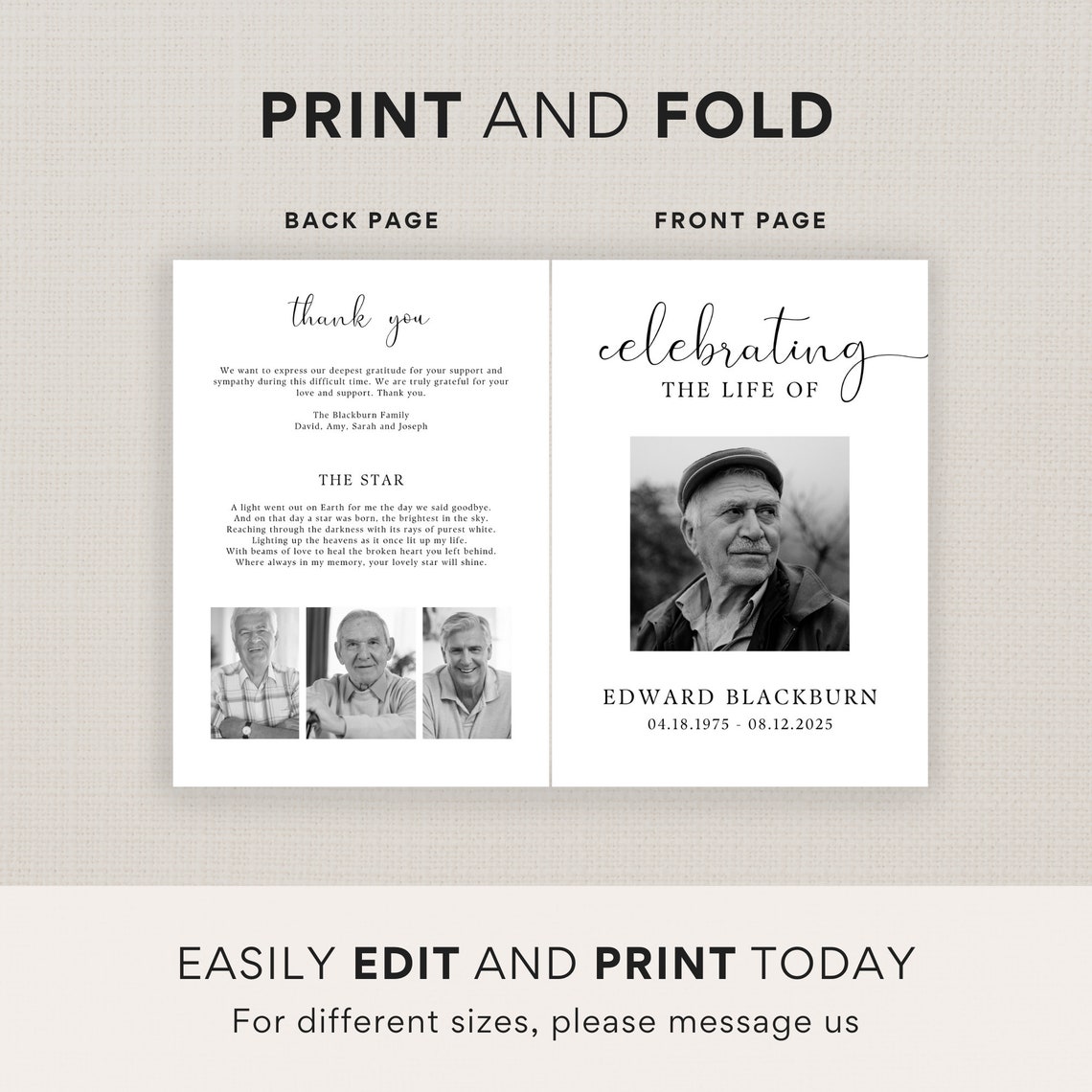 Minimal Funeral Program Template for Man, Bifold Memorial Service ...