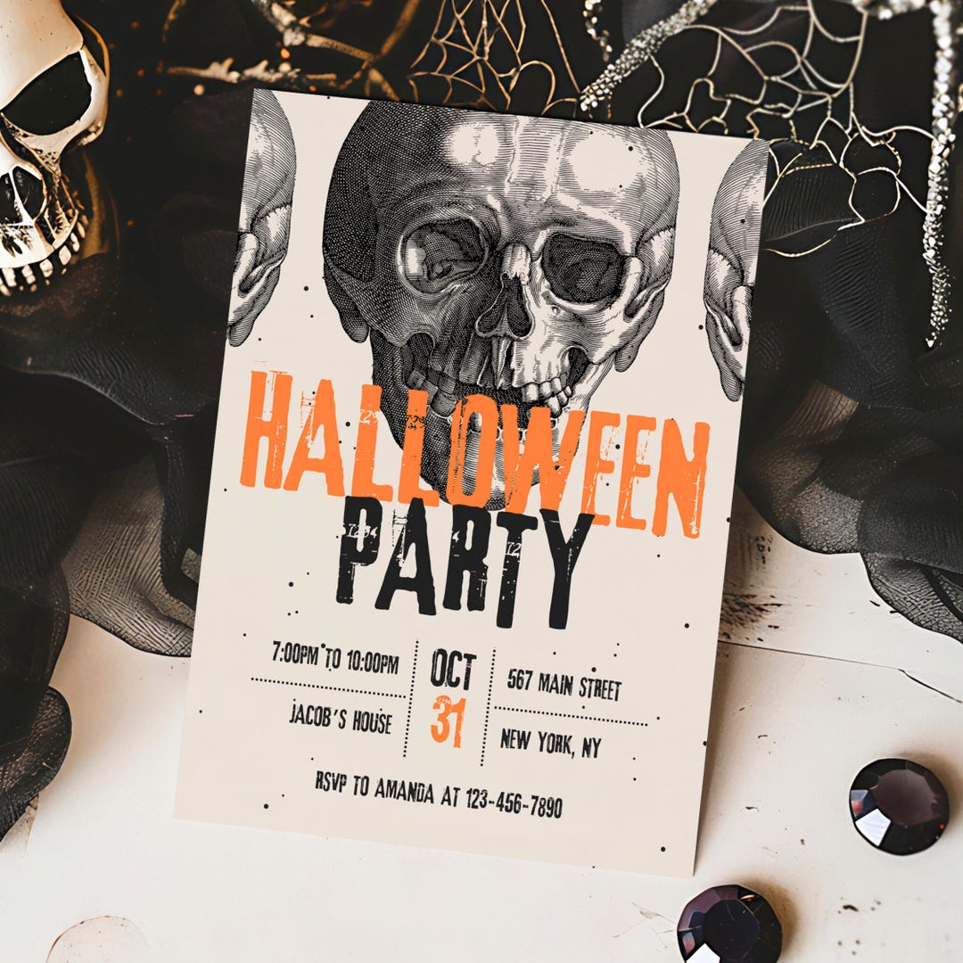 Vintage Skull Halloween Invitation Template, Editable Costume Party ...