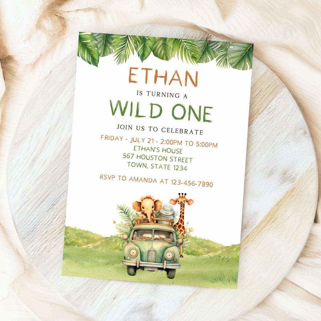 Wild One Birthday Party Invitation, Editable Safari Birthday Invite ...