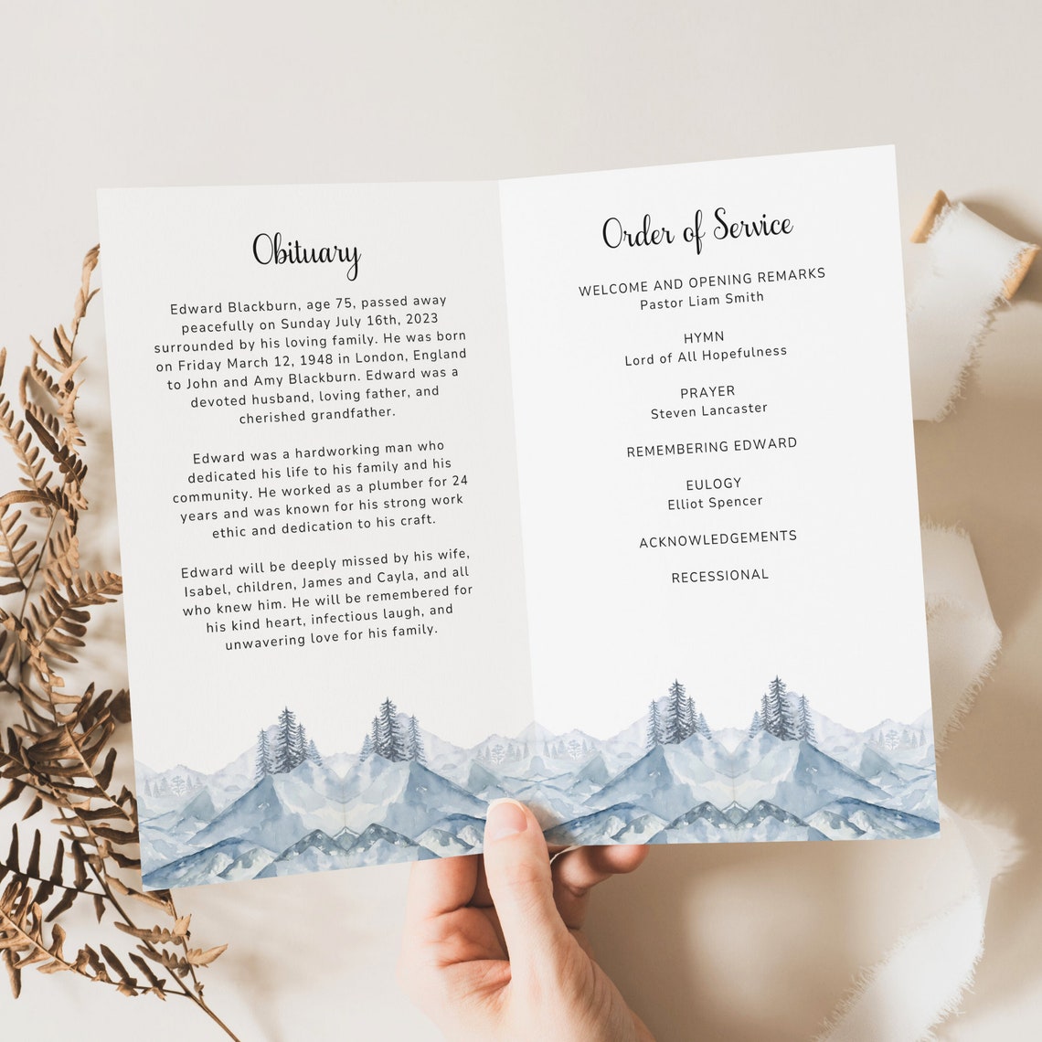 Funeral Program for Man, Obituary Template, Rustic, Outdoors, Mountain ...