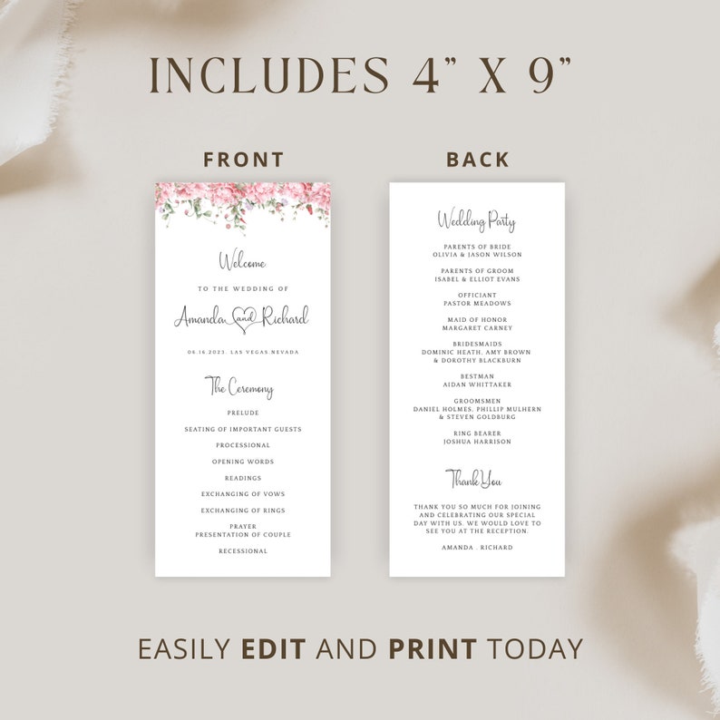 Double Sided Wedding Program Template, Flowery Order of Service ...