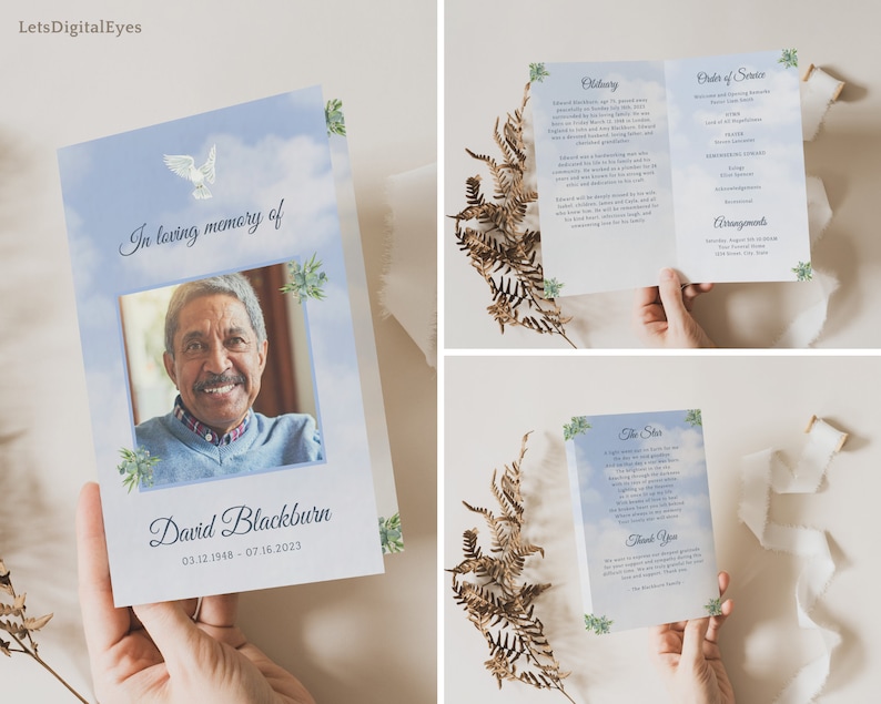 Blue Sky Funeral Program Template Dove Funeral Program - Etsy
