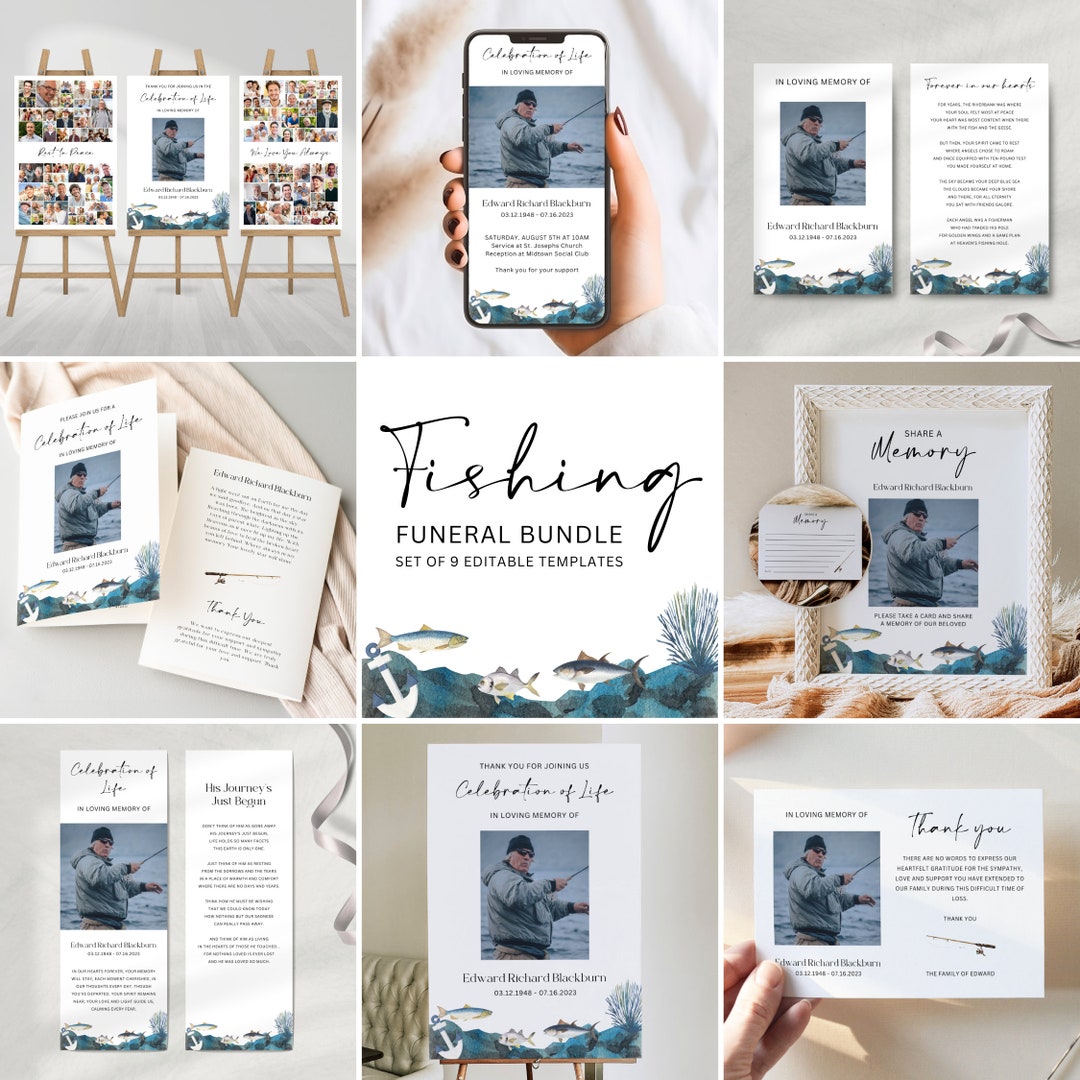 Fishing Funeral Bundle Set, Deep Blue Obituary Templates, Celebration ...