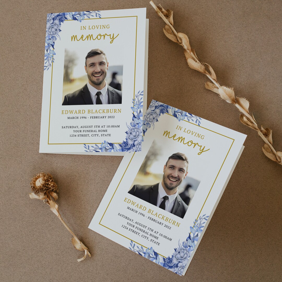 Blue Funeral Program Template for Man, Obituary Template, Order of ...