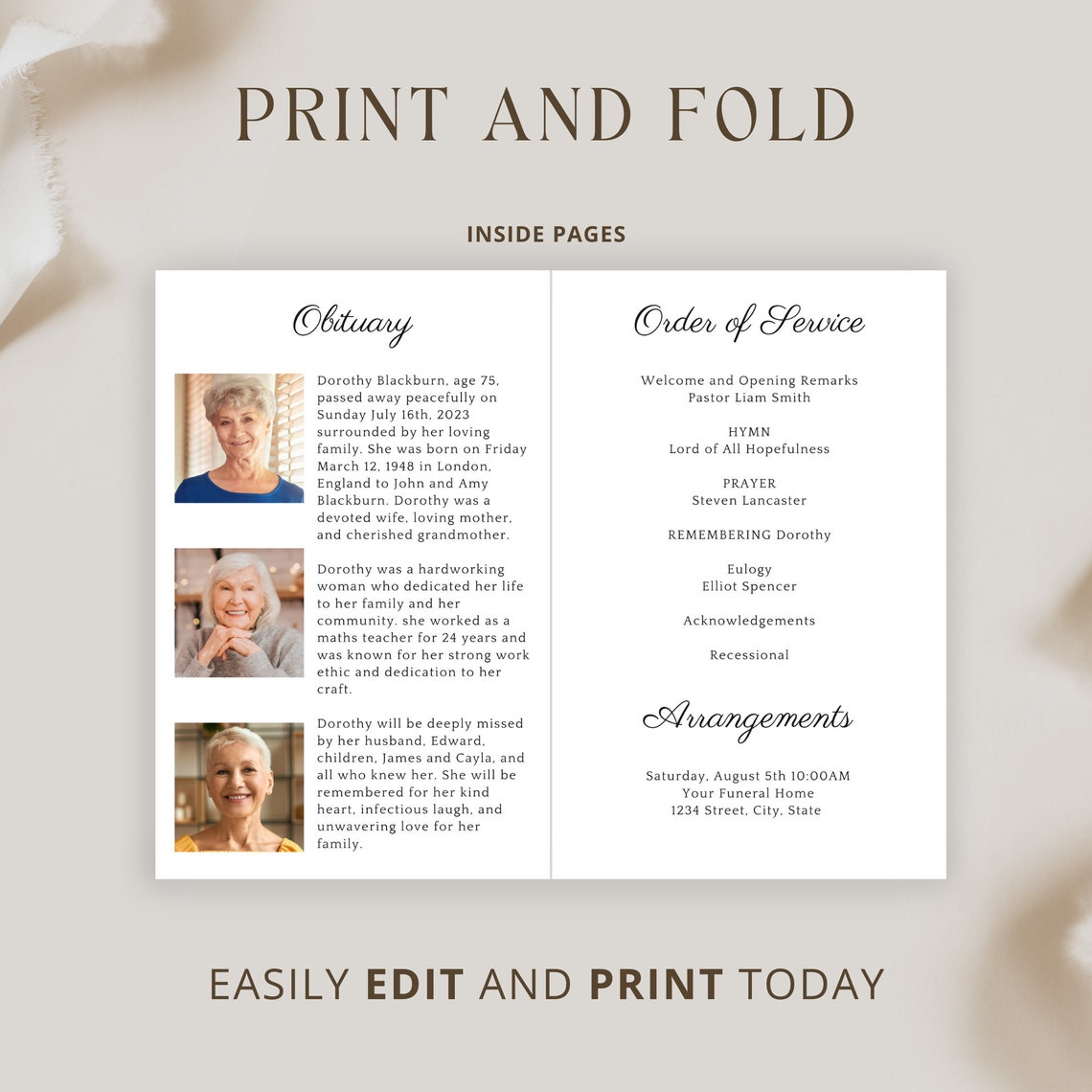 Funeral Program Template for Woman, Obituary Template, Funeral Heart ...