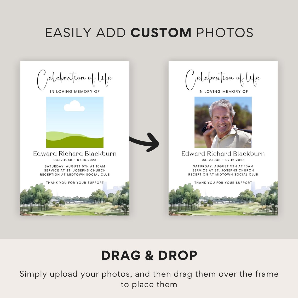 Golfing Funeral Announcement for Man, Outdoors Memorial Invitation ...