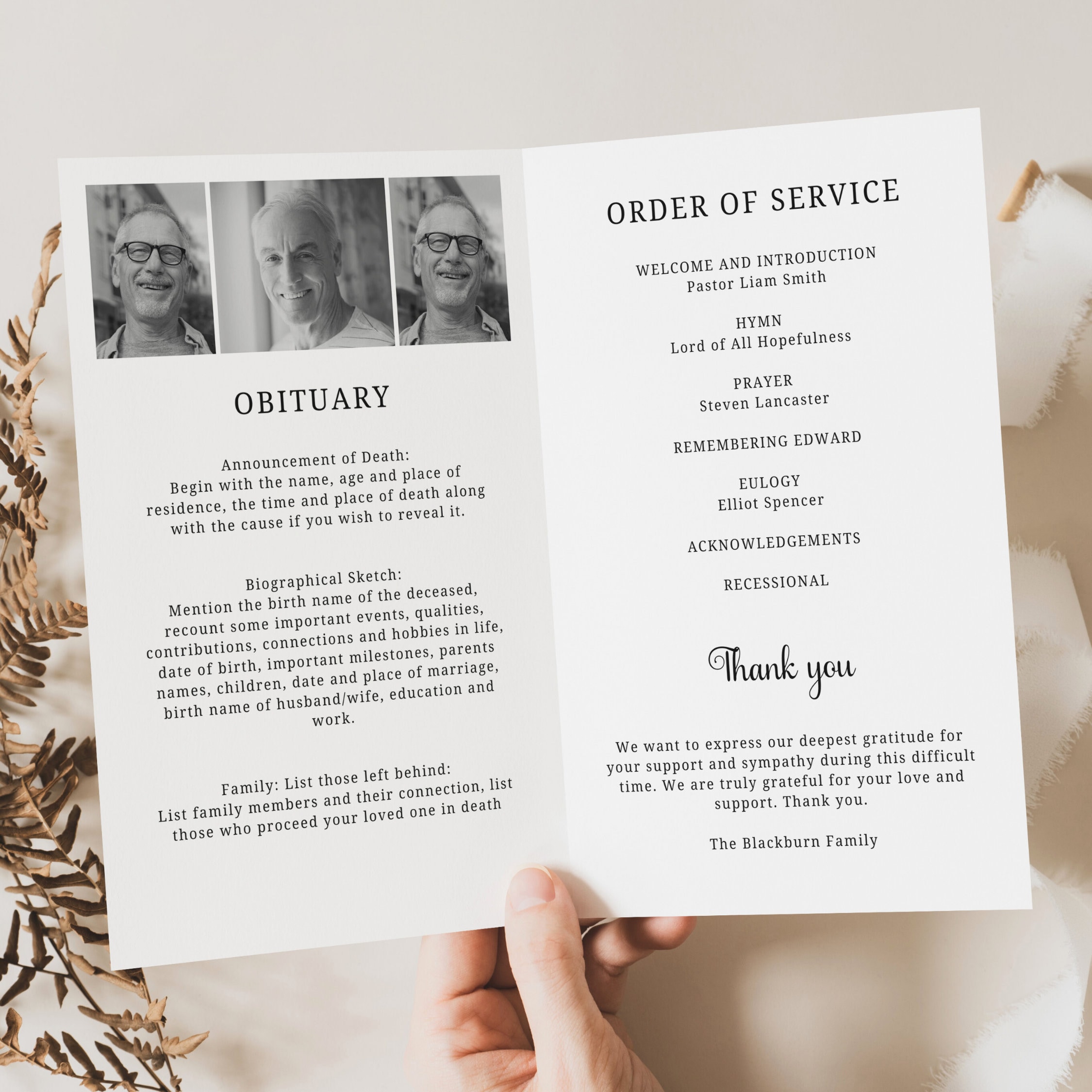 Simple Funeral Program Template, Minimal Obituary for Man, Ceremony ...