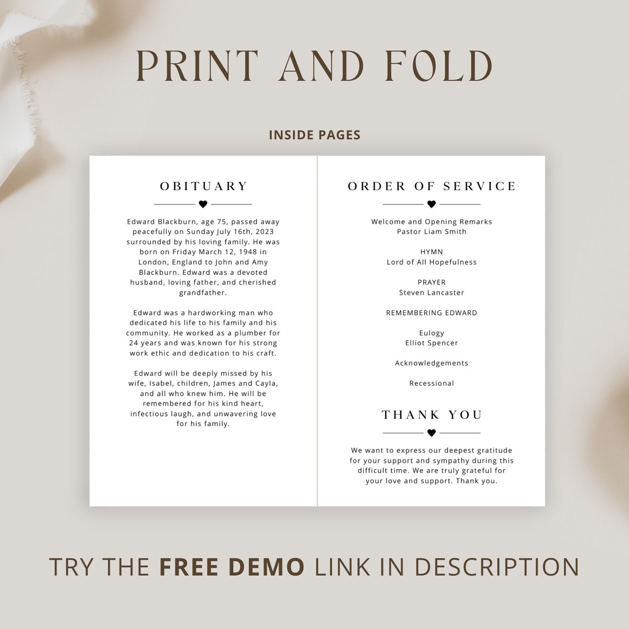 Simple Funeral Program Template, Memorial Brochure, Minimal Order of ...