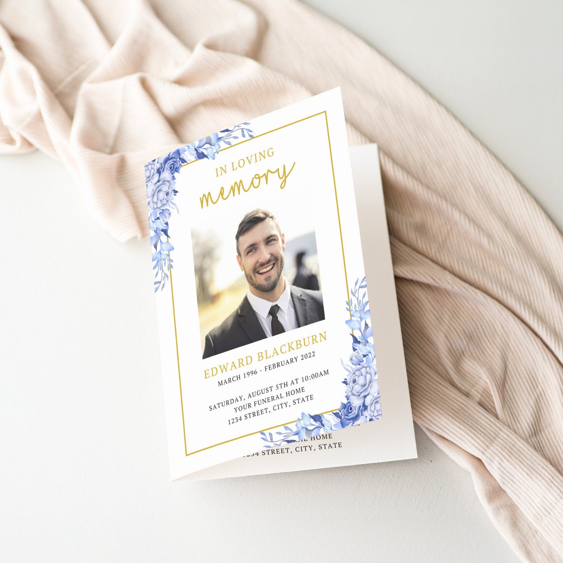 Blue Funeral Program Template for Man, Obituary Template, Order of ...