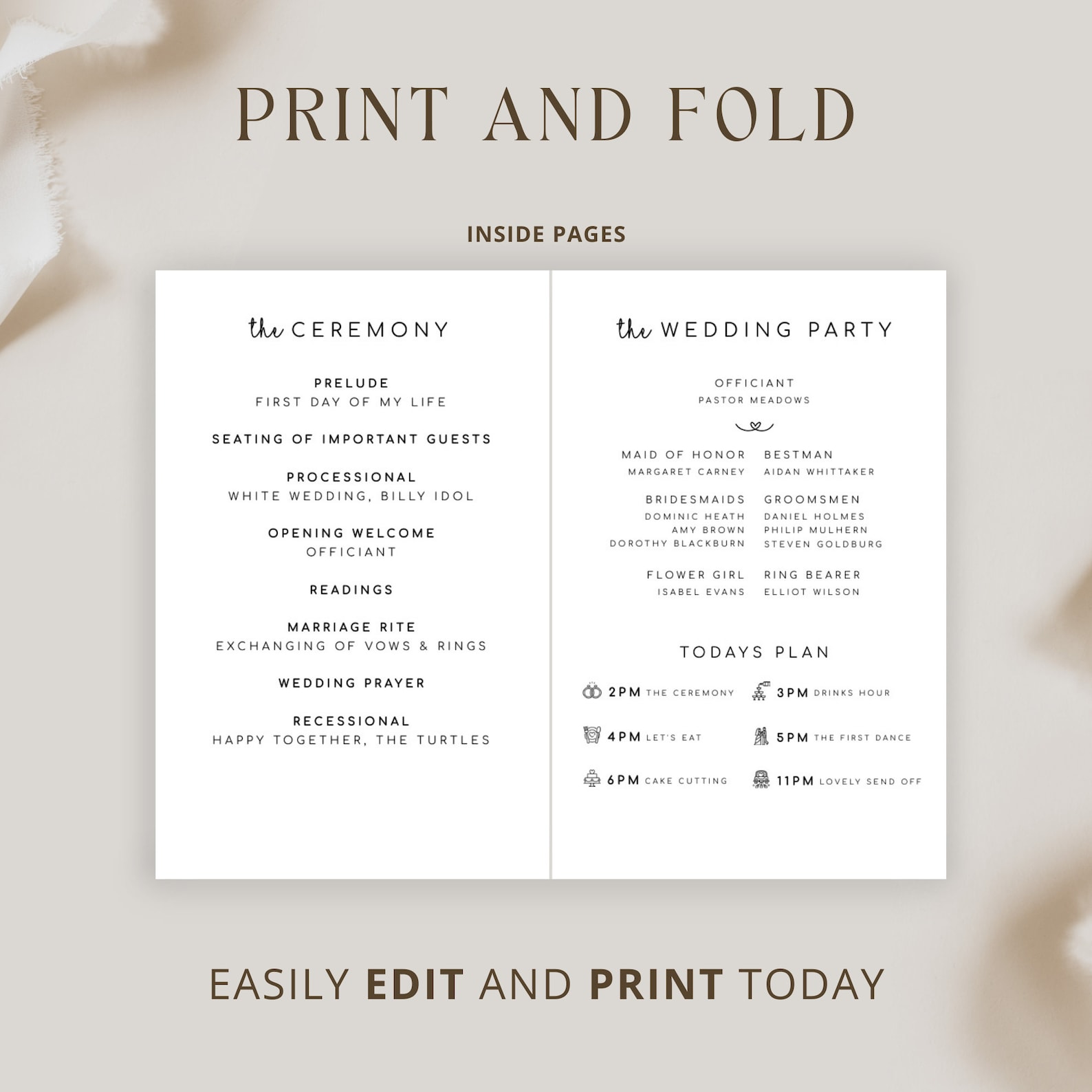 Modern Wedding Program Template, Church Program Wedding, Minimal Order ...