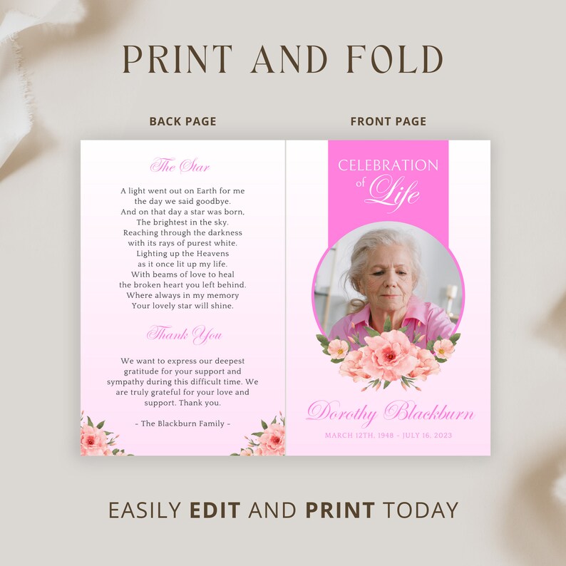 Pink Funeral Program Template for Woman, Memorial Program, Obituary ...