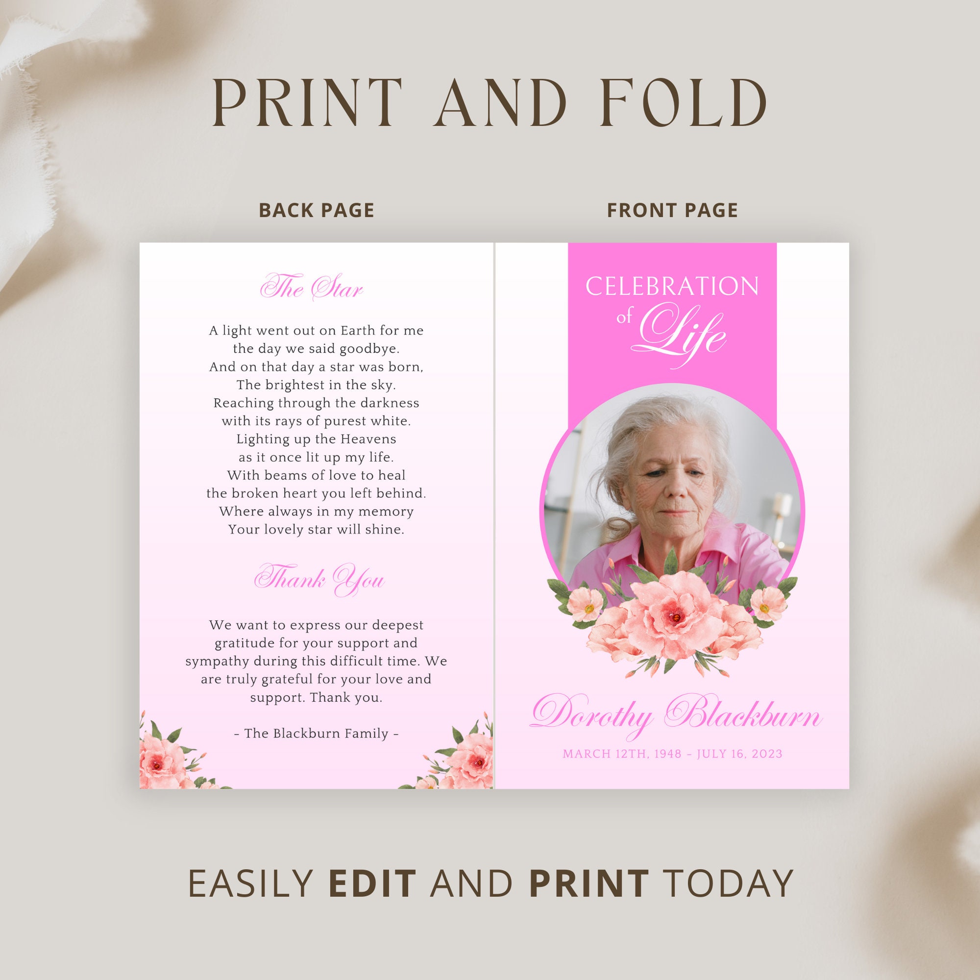 Pink Funeral Program Template for Woman, Memorial Program, Obituary ...