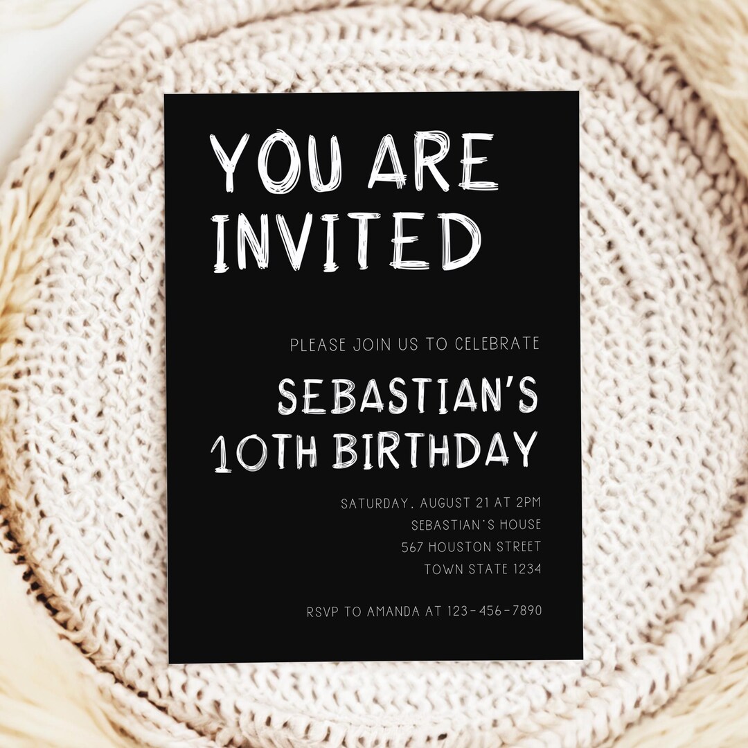 Minimal Birthday Party Invitation Template, Black and White Invite ...