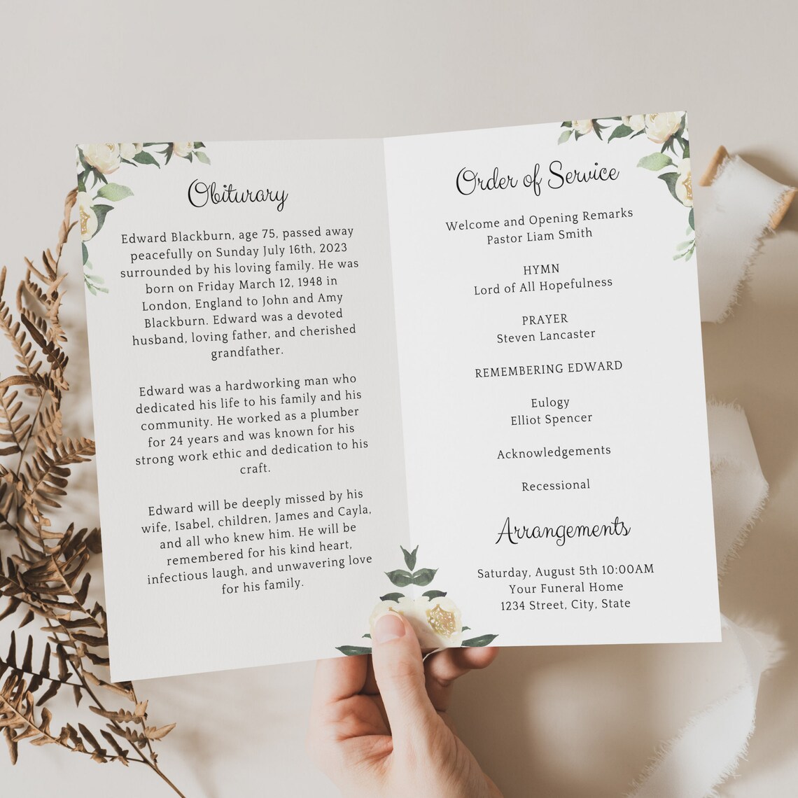 Floral Funeral Program Template for Man Order of Service Booklet ...
