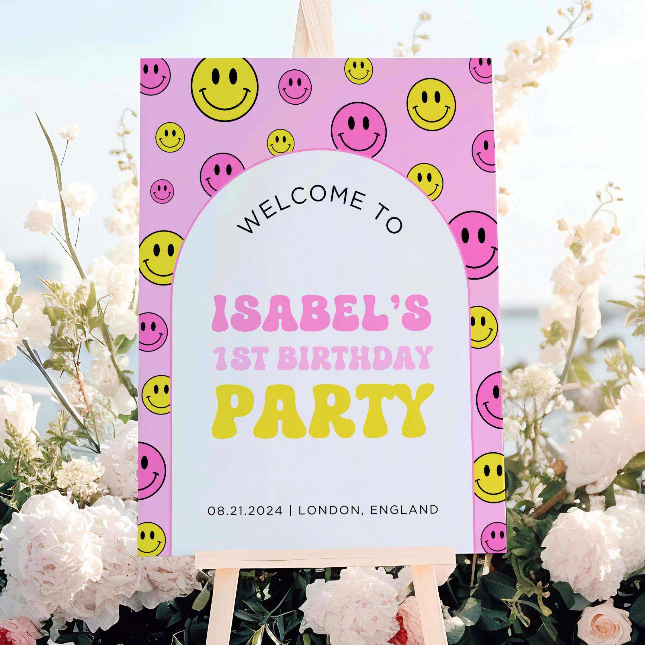 Pastel Pink Birthday Poster, Smiley Face Welcome Sign Template ...