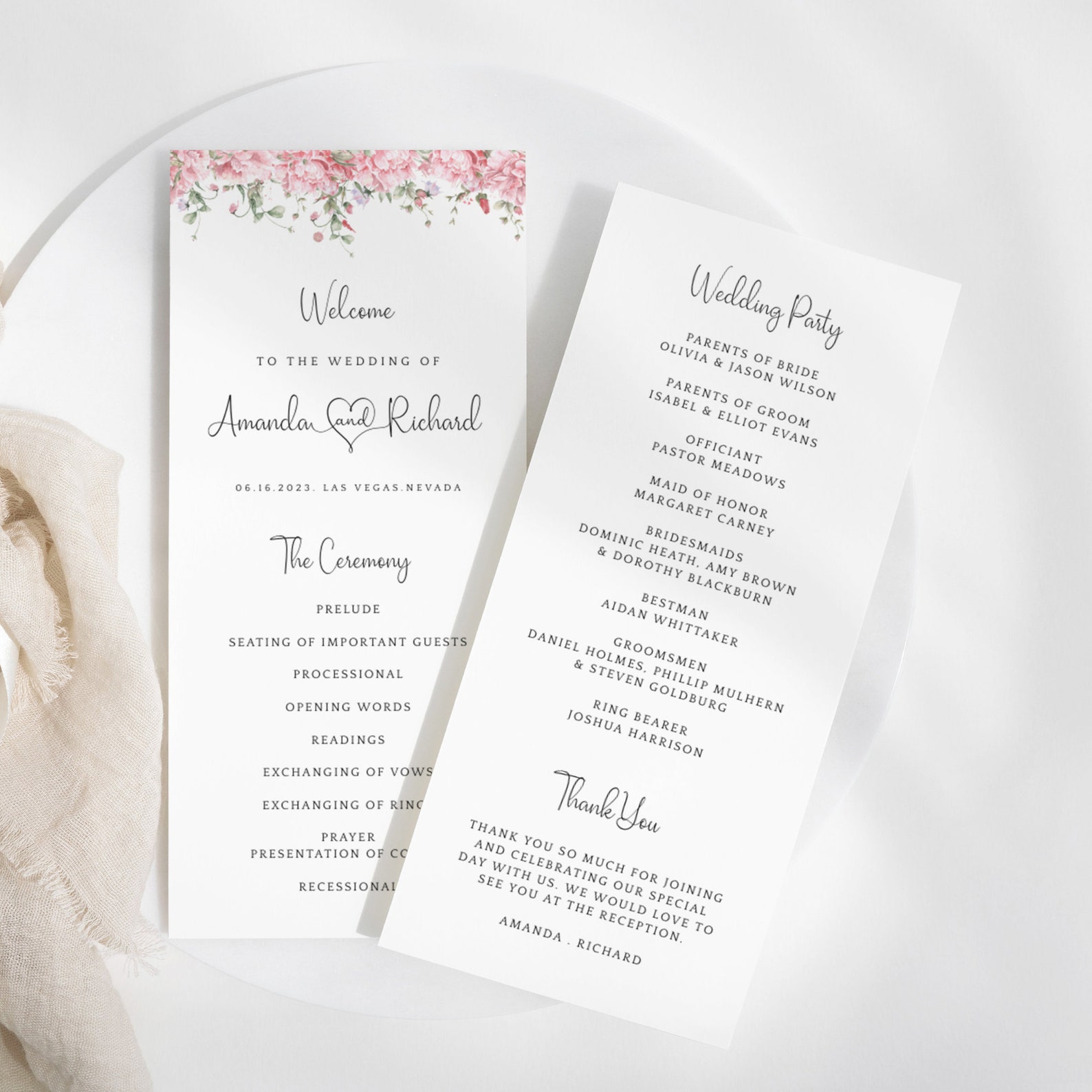 Double Sided Wedding Program Template, Flowery Order of Service ...