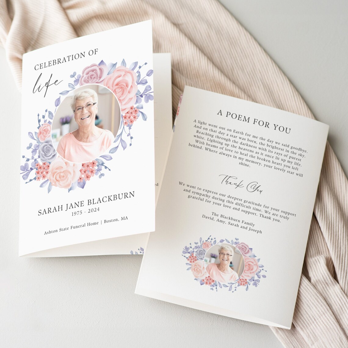 Blush Obituary Template for Woman, Floral Funeral Program, Roses ...