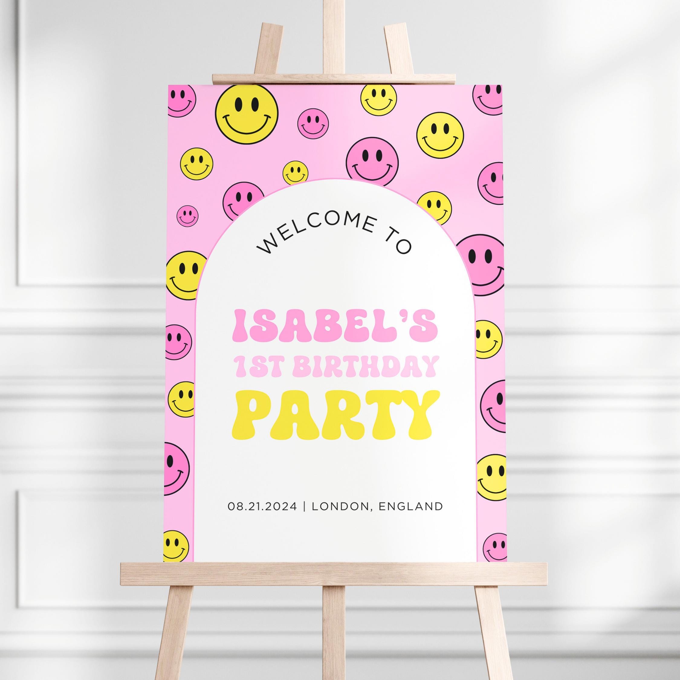 Pastel Pink Birthday Poster, Smiley Face Welcome Sign Template ...
