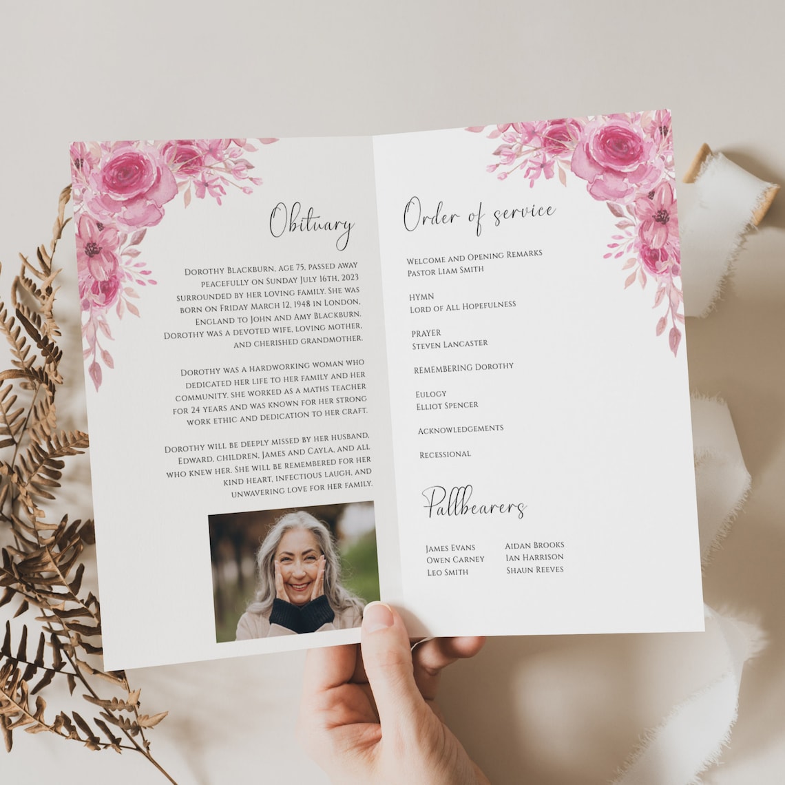 Floral Funeral Program Template, Bifold Brochure, Obituary Card ...