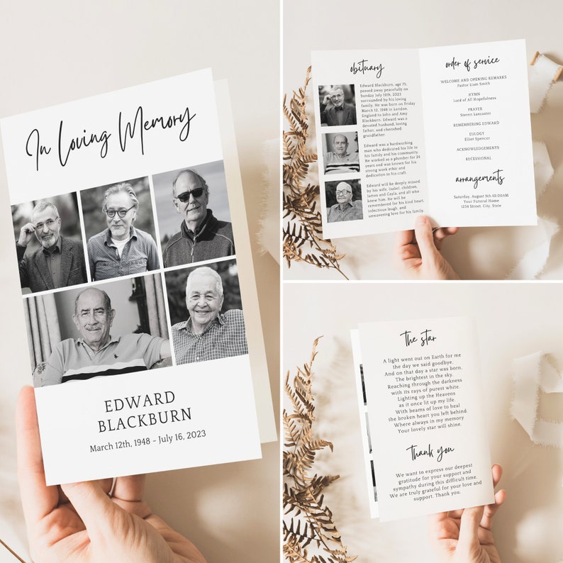Minimalist Funeral Program Template for Man, Personalized Booklet ...