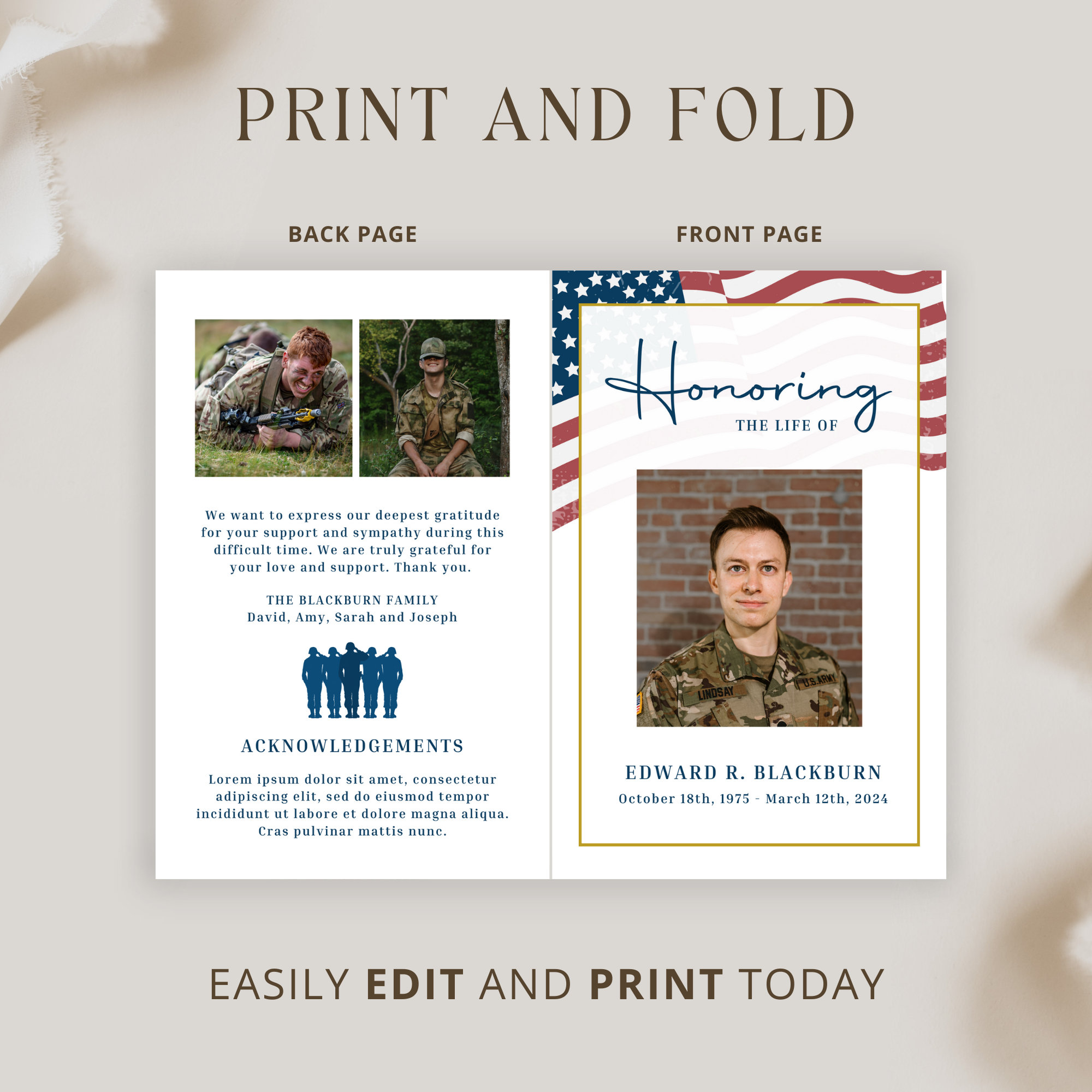 American Flag Funeral Program Template, Military Memorial Service ...