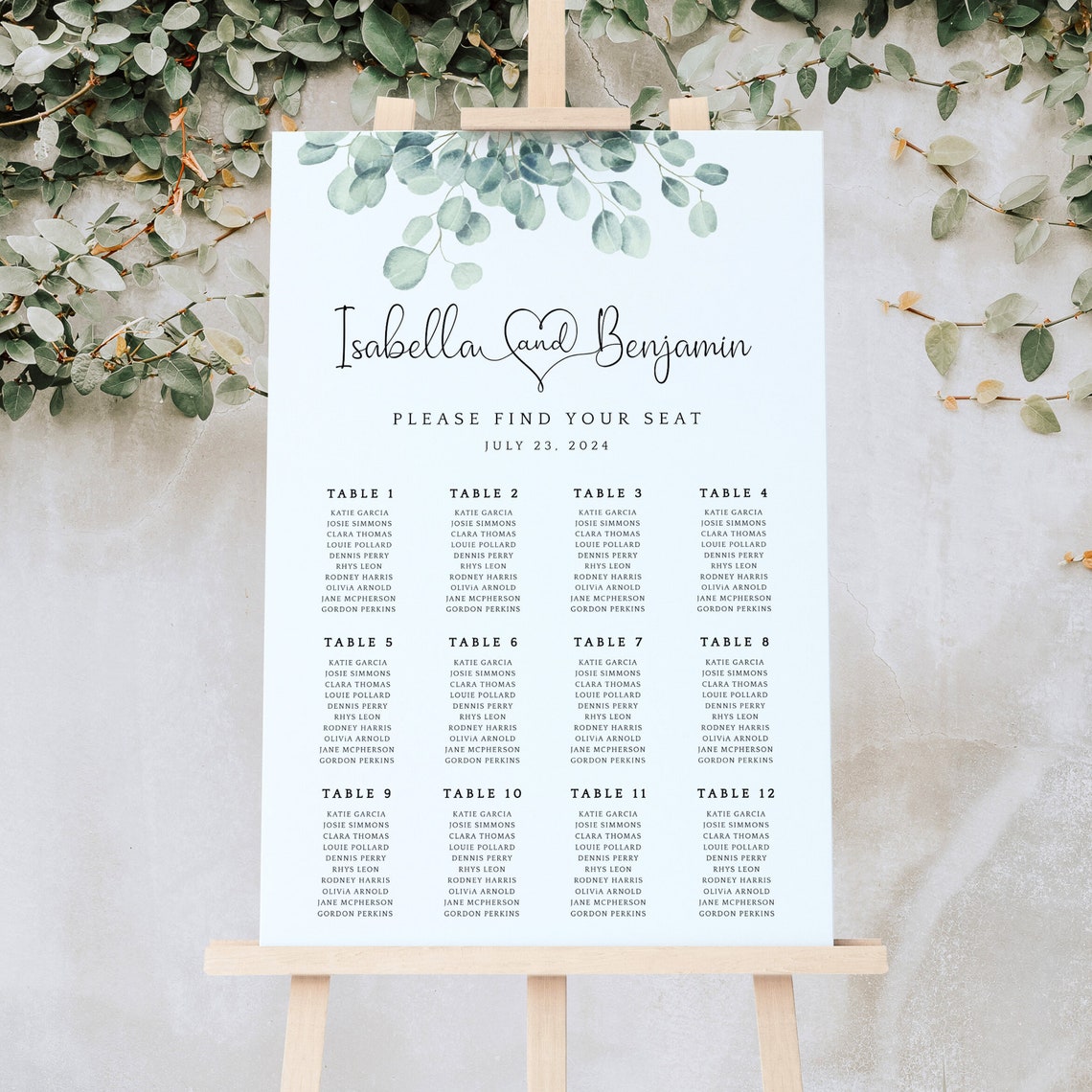 Greenery Seating Chart Template, Eucalyptus Wedding Seating Poster ...