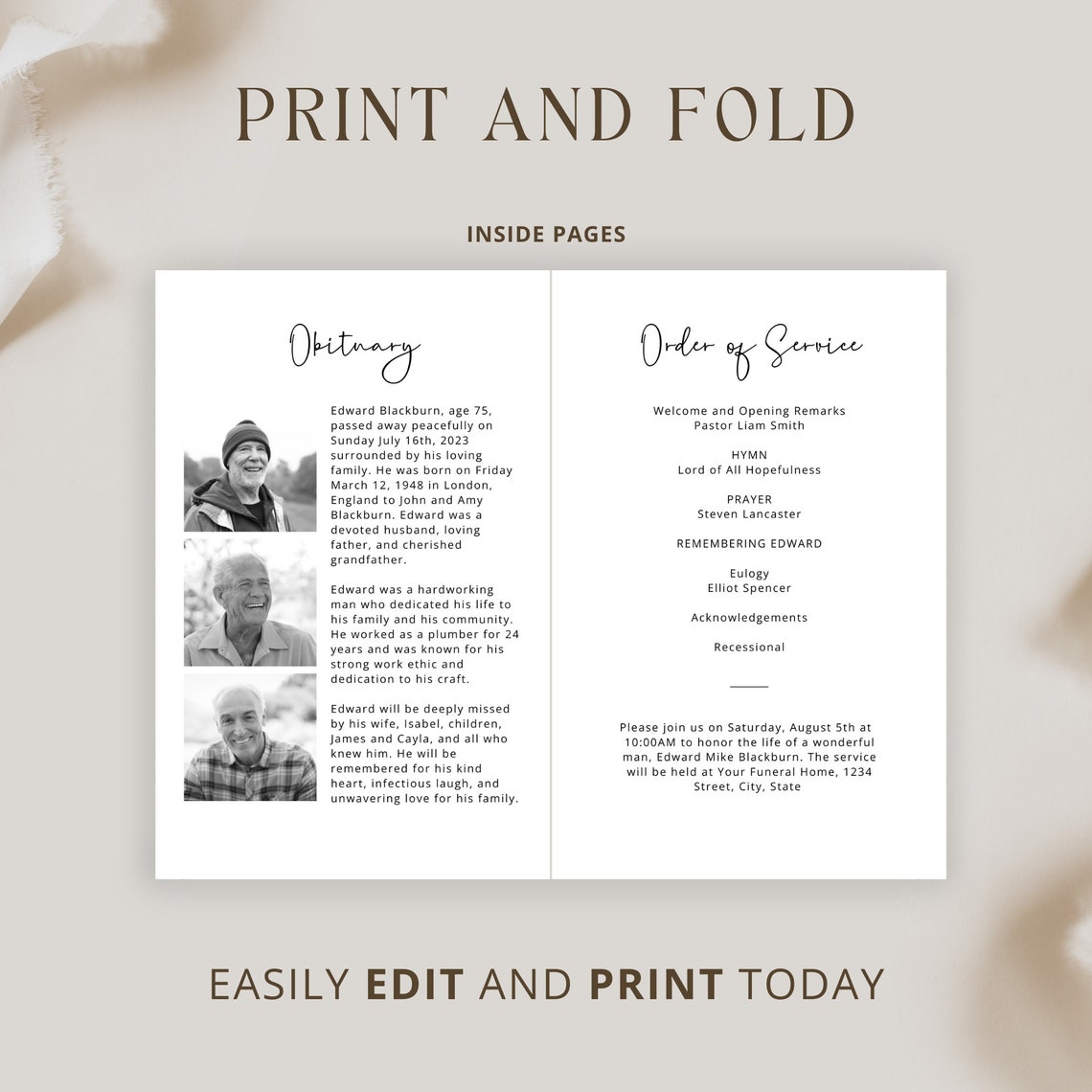 Funeral Program for Man, Order of Service, Obituary Template, Rustic ...