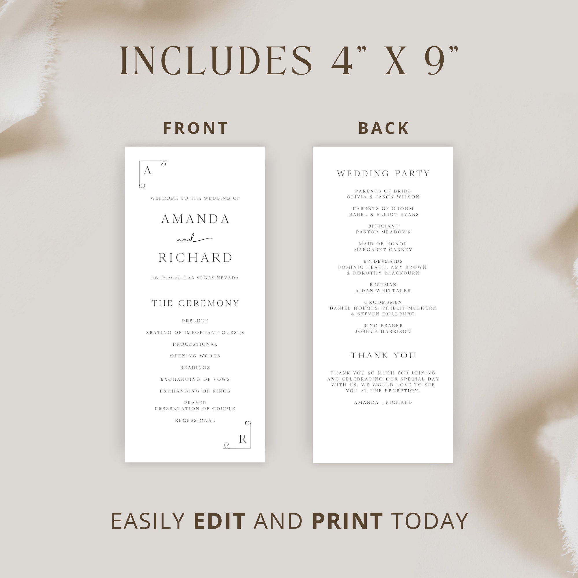 Elegant Wedding Program Template, Minimalist Wedding Timeline, Modern ...