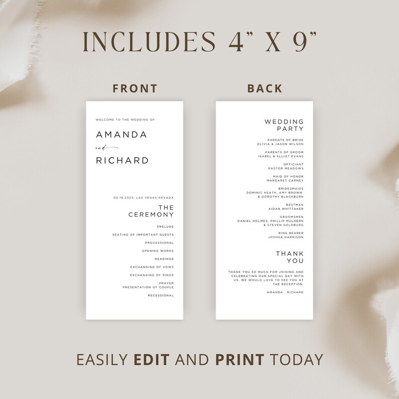 Elegant Wedding Program Template, Wedding Itinerary Program, Minimalist Wedding Timeline ...