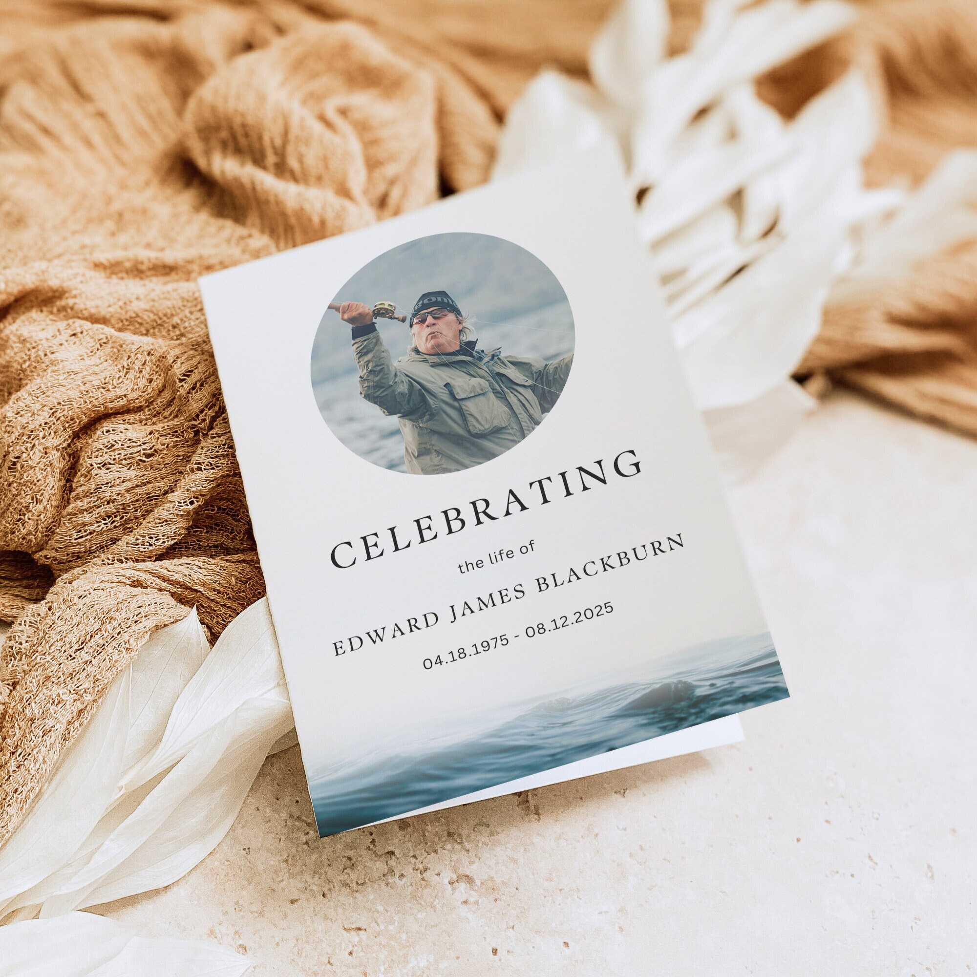 Fishing Funeral Program Template for Man, Blue Obituary Template ...