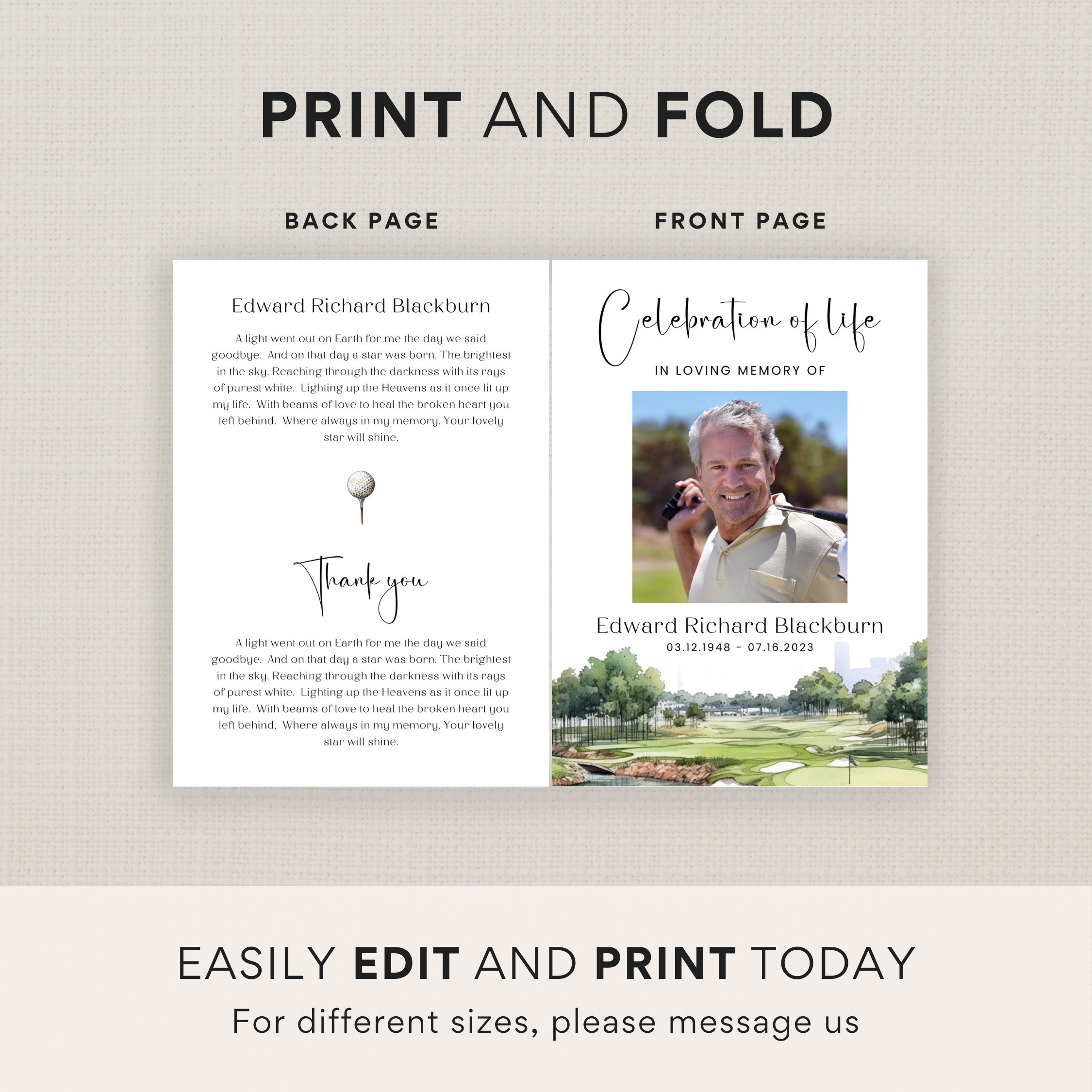 Golf Funeral Program Template, Memorial Service for Man, Order of ...