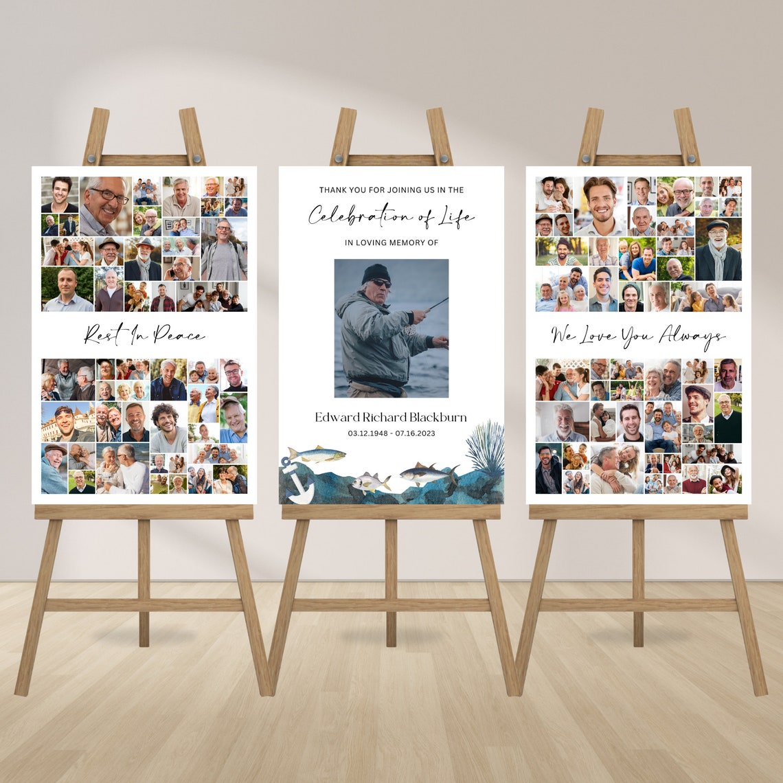 Fishing Funeral Memorial Photo Board Collage Set of 3, Outdoors ...