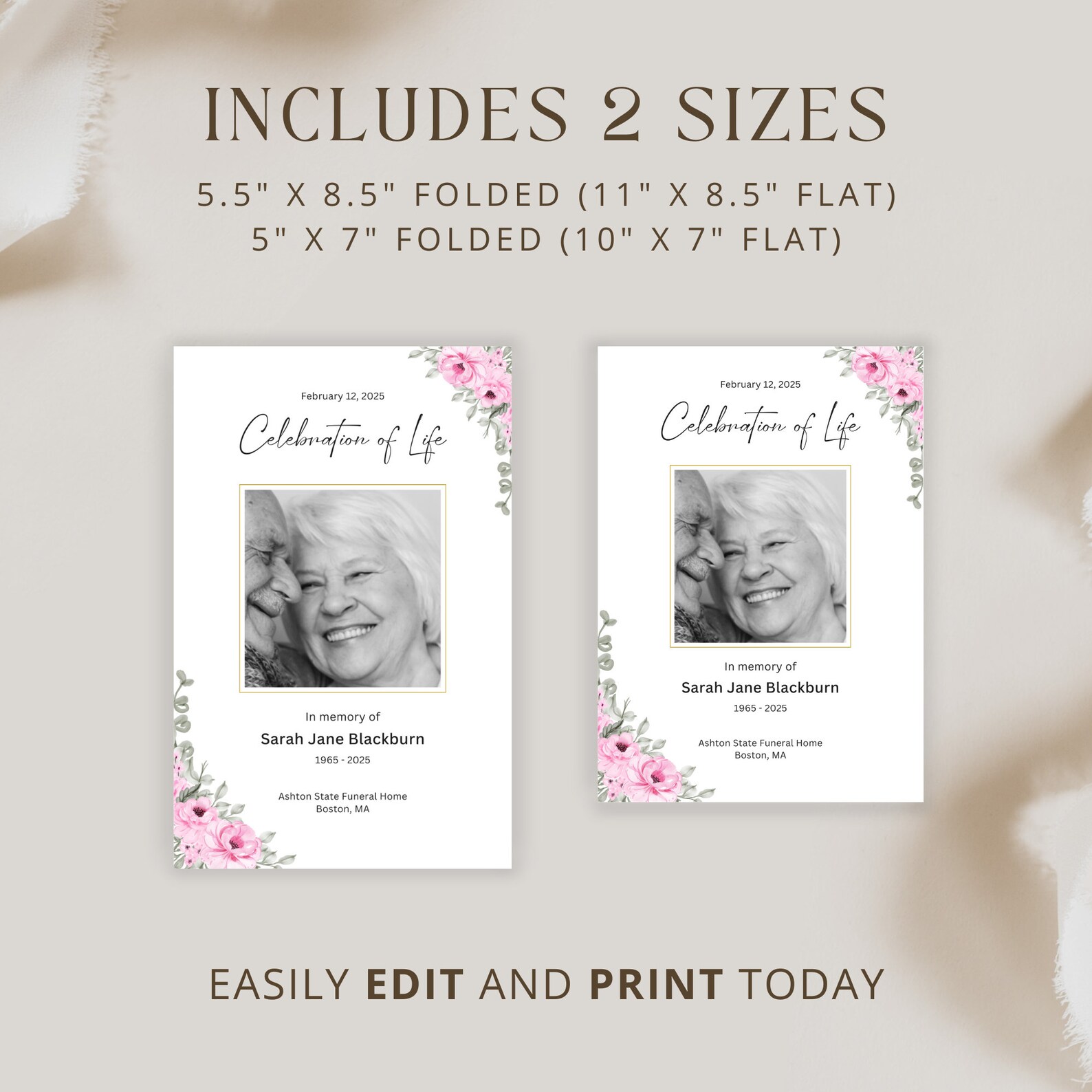 Pink Funeral Program for Woman, Celebration of Life Booklet, Floral ...