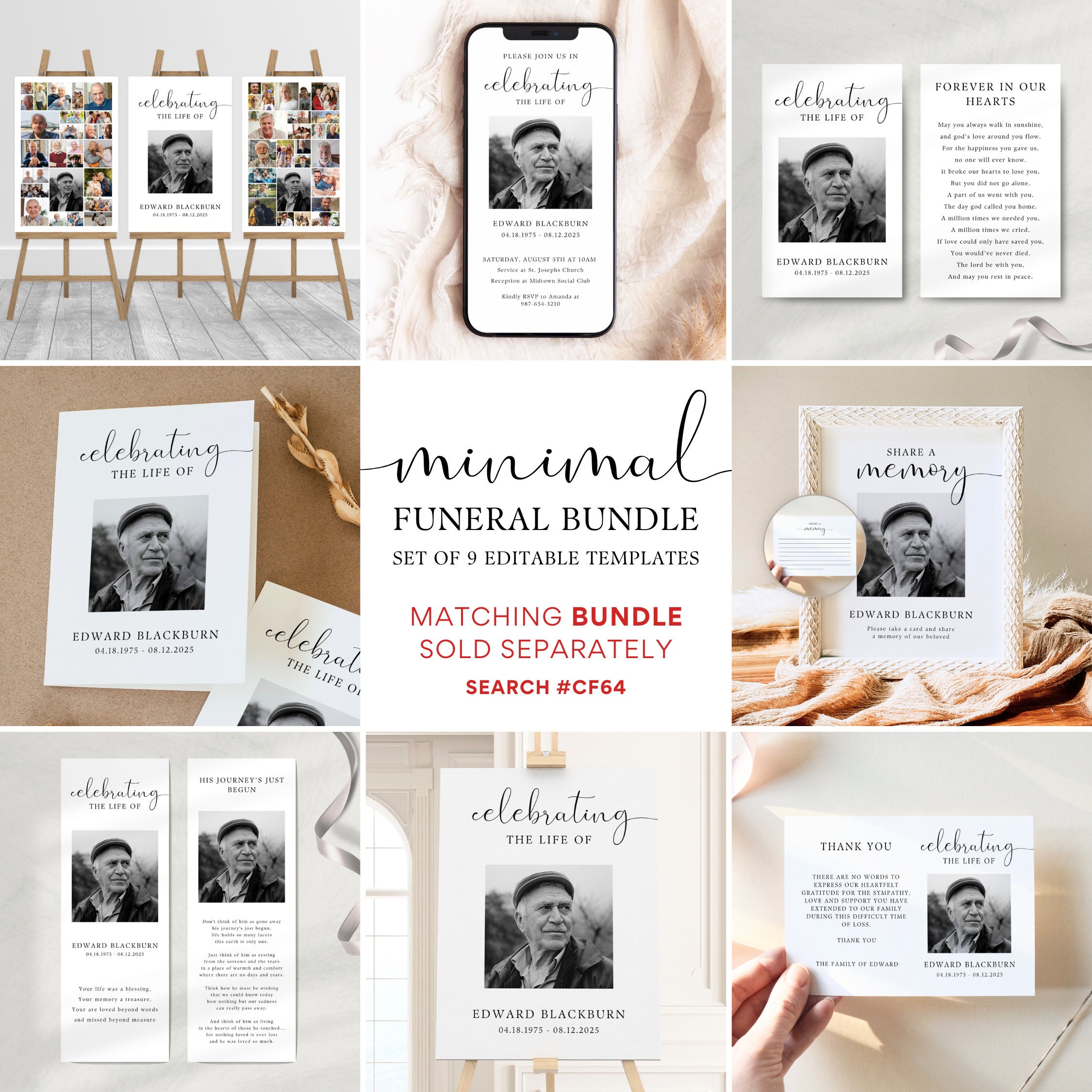 Minimal Funeral Invitation Card, Editable Memorial Announcement ...