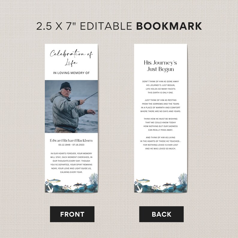Fishing Funeral Bookmark Template, Editable Memorial Service Card ...