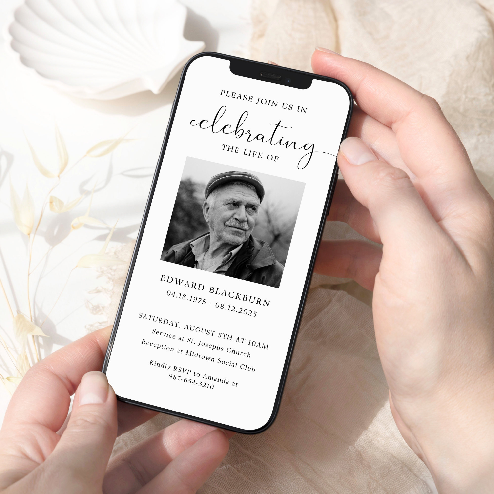 Minimal Funeral Invite, Electronic Memorial Invitation, Editable Photo ...