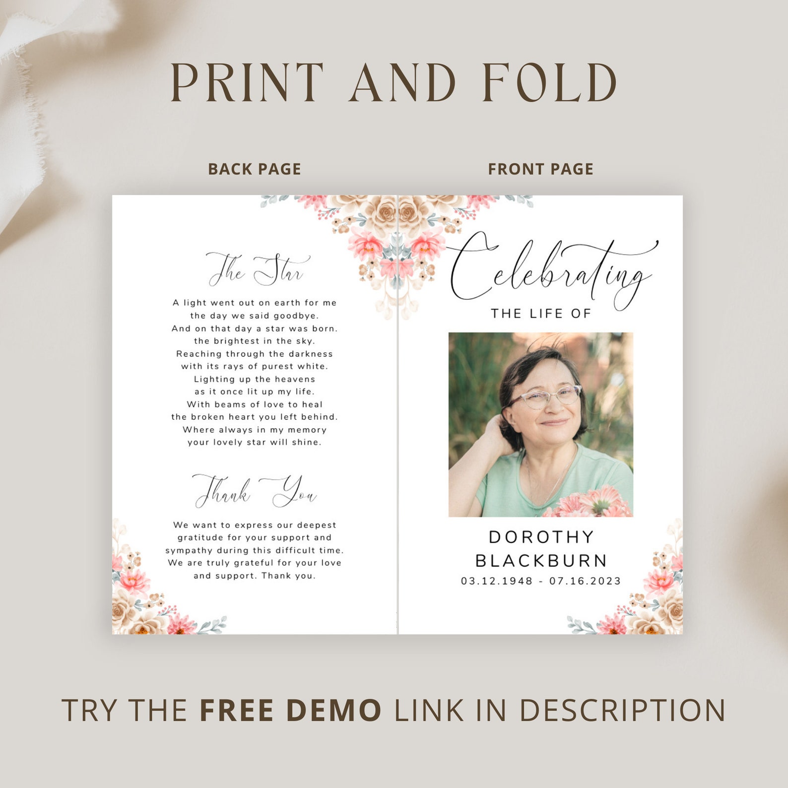 Editable Funeral Program Template, Floral Memorial Program, DIY ...