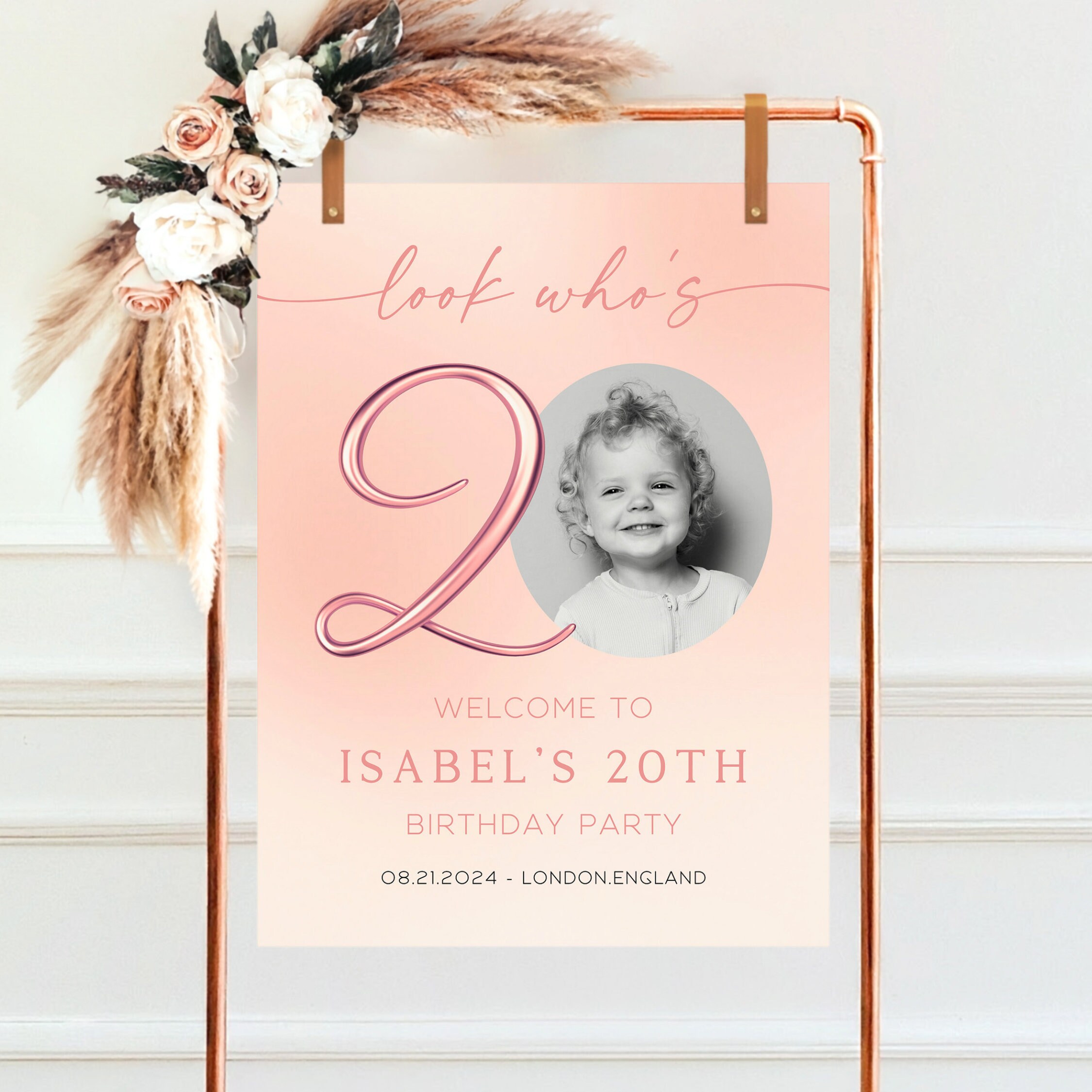20th Birthday Welcome Sign for Woman, Female Photo Board, Rose Gold ...